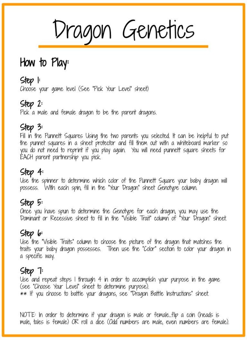 Dragon Genetics Game, Printable Resource for Homeschool, INSTANT ...
