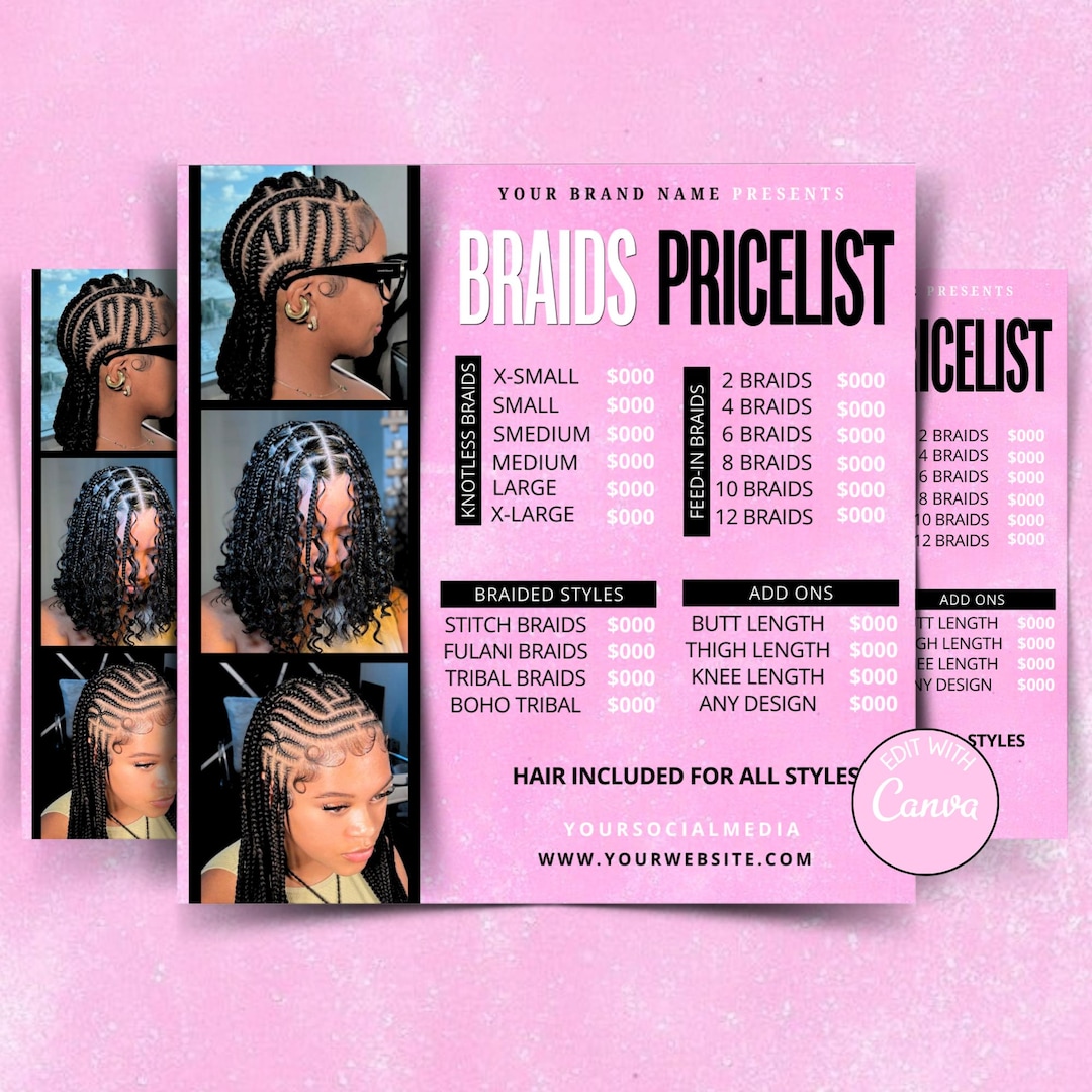 Braids Price List Flyer Template | Editable Hair Pricing Flyer Canva ...