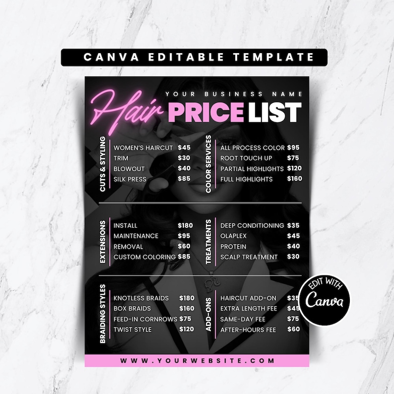 Hair Price List Template, Editable Hairstylist Menu, Printable Hair ...
