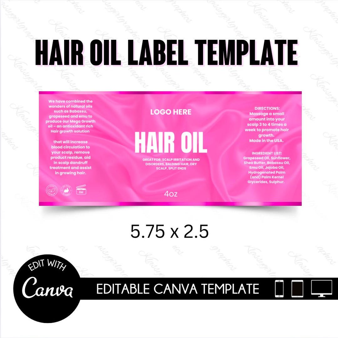 Hair Oil Bottle Label Template: Editable Design (5.75X2.5 IN.) (PDF) - Etsy