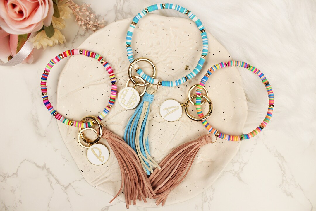 Personalized Gift Boho Bangle Keychain, Monogram Boho Key Ring Bracelet ...