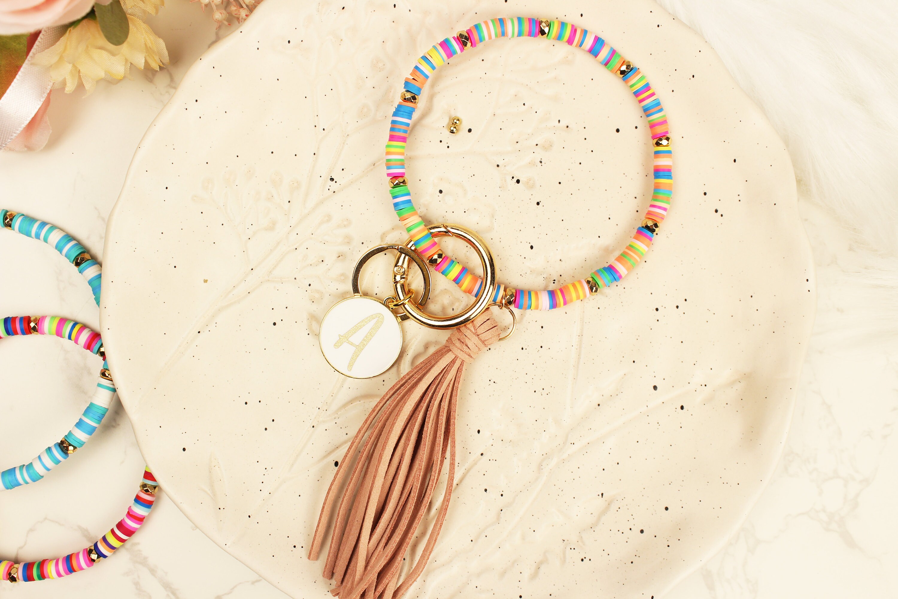 Personalized Gift Boho Bangle Keychain, Monogram Boho Key Ring Bracelet ...
