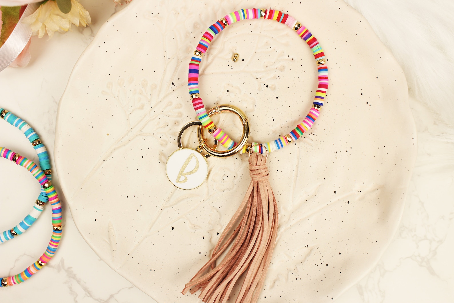 Personalized Gift Boho Bangle Keychain, Monogram Boho Key Ring Bracelet ...