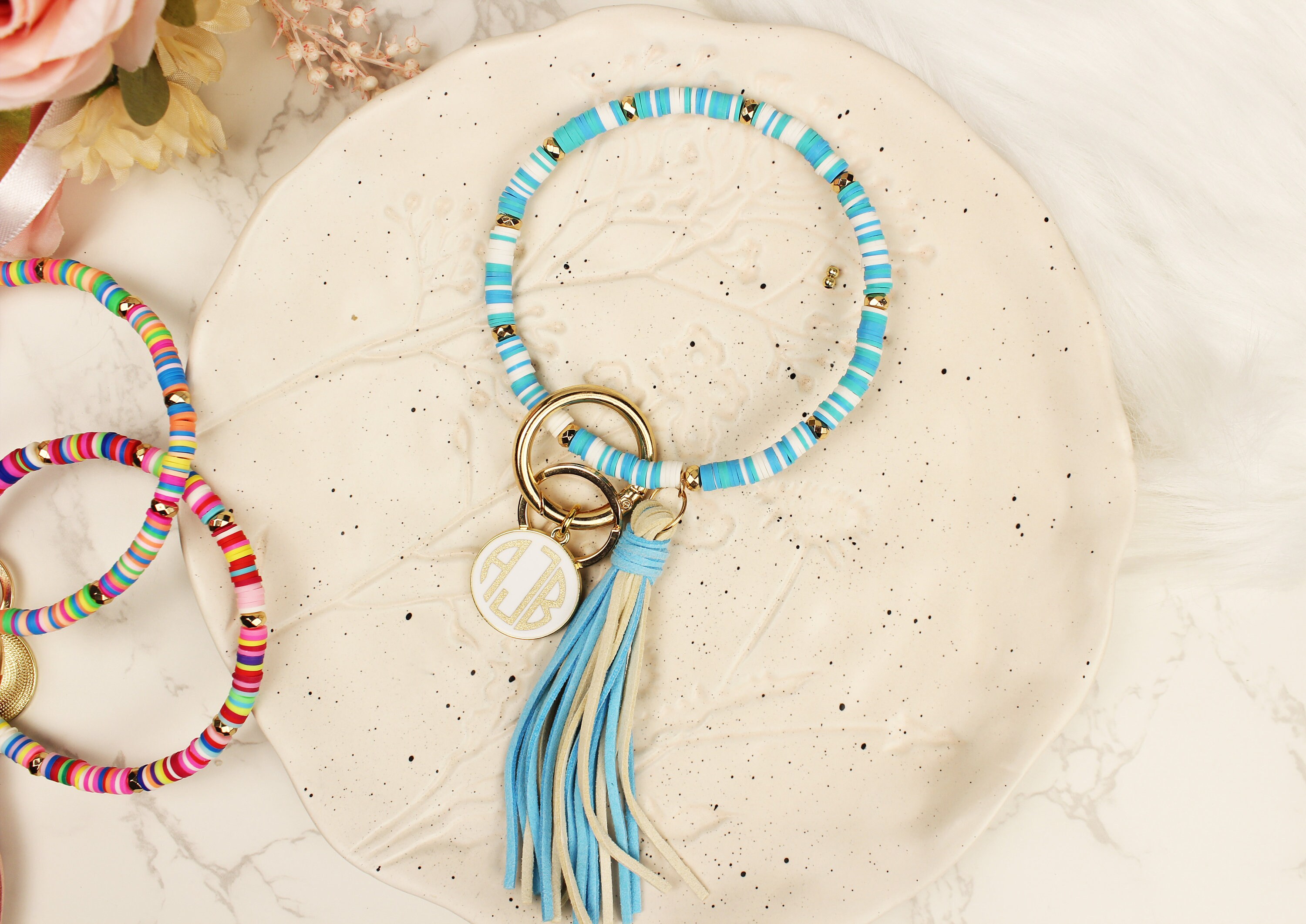 Personalized Gift Boho Bangle Keychain, Monogram Boho Key Ring Bracelet ...