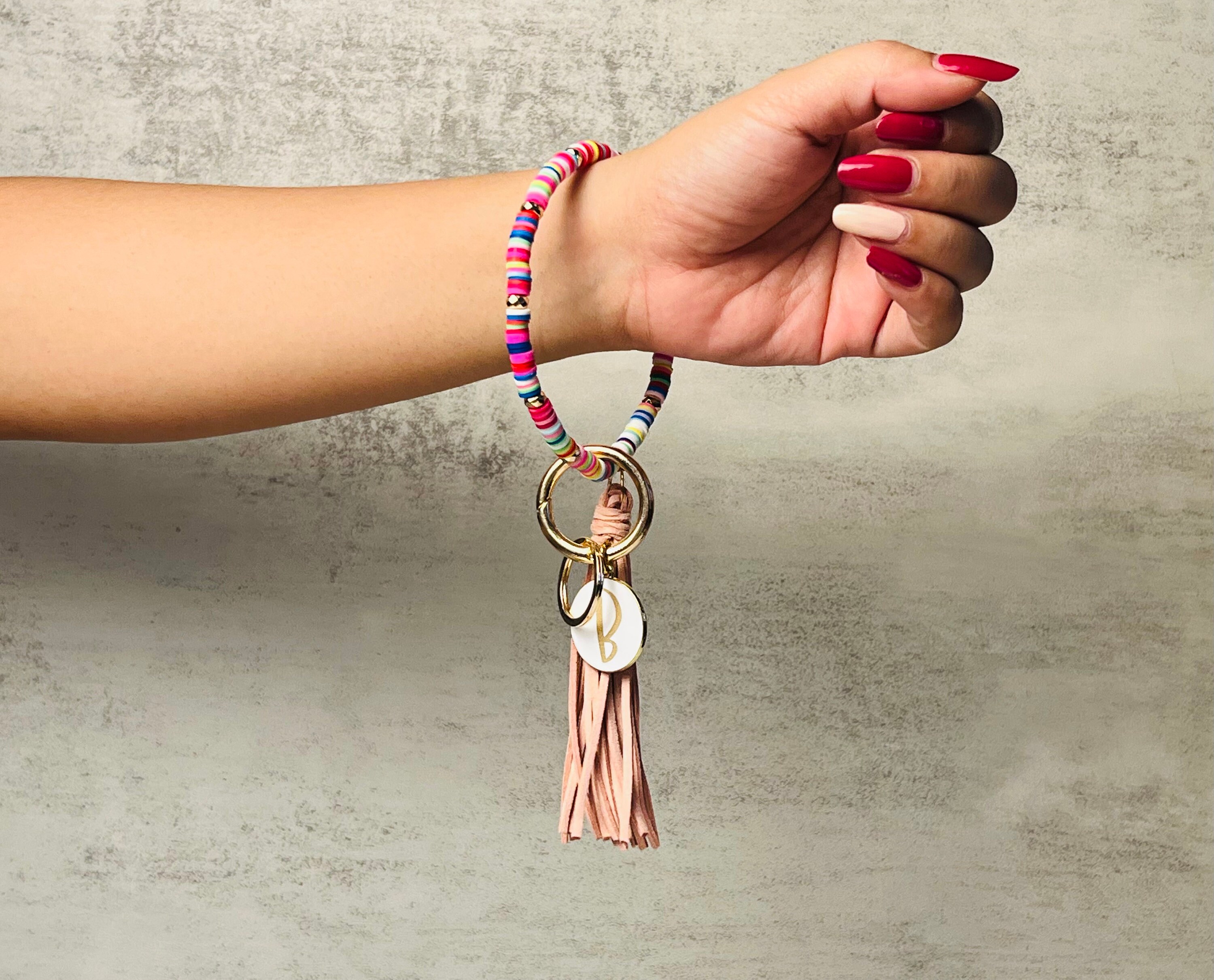 Personalized Gift Boho Bangle Keychain, Monogram Boho Key Ring Bracelet ...