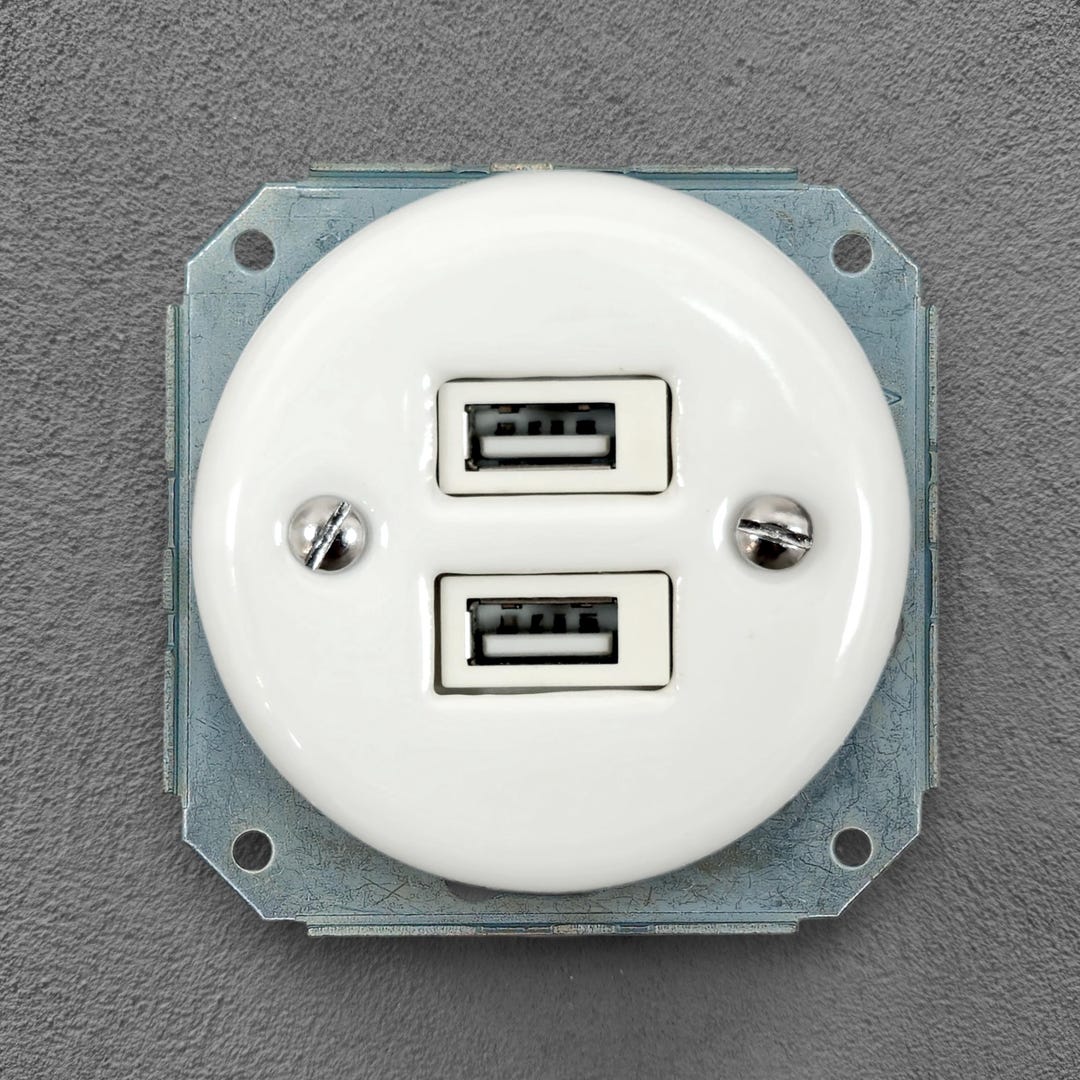 White Porcelain Dual USB-A Charging Socket Insert, Vintage Style Flush ...