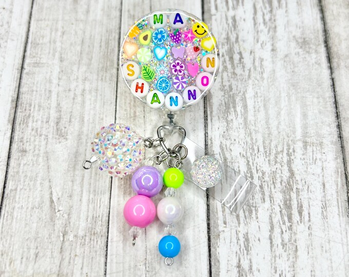 Old School Letter Bead Badge Reel, Personalized Name Bead Badge Reel ...