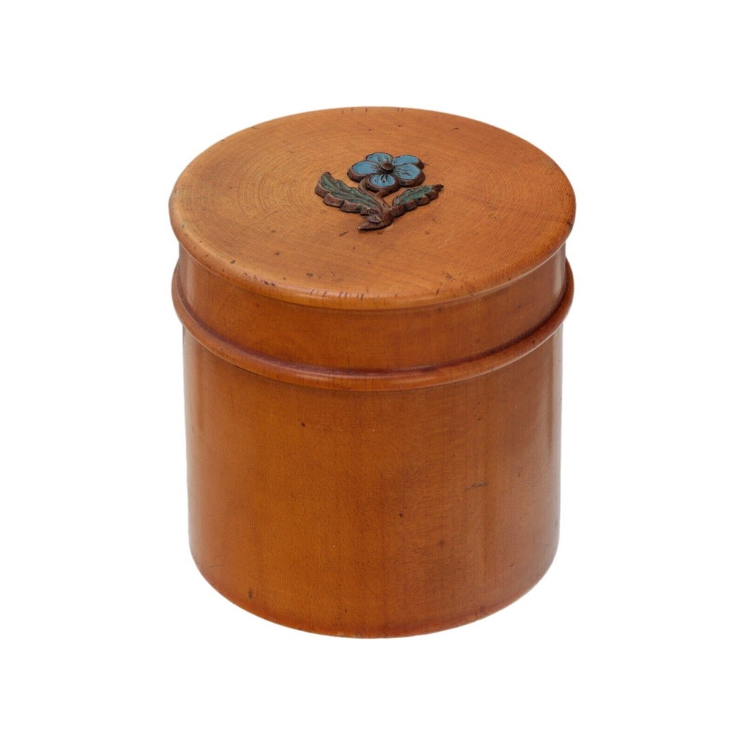 Antique Treen Wood Box POWDER POT Dressing Table Forget Me Not Enamel ...