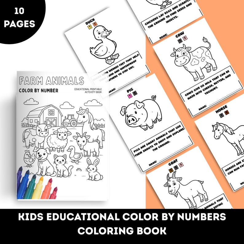 Farm Animals Color by Number | Kids Educational Printable Activity Book ...