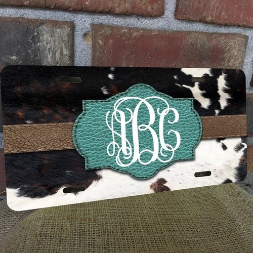 Western Faux Glitter Monogram License Plate Cow Print License - Etsy