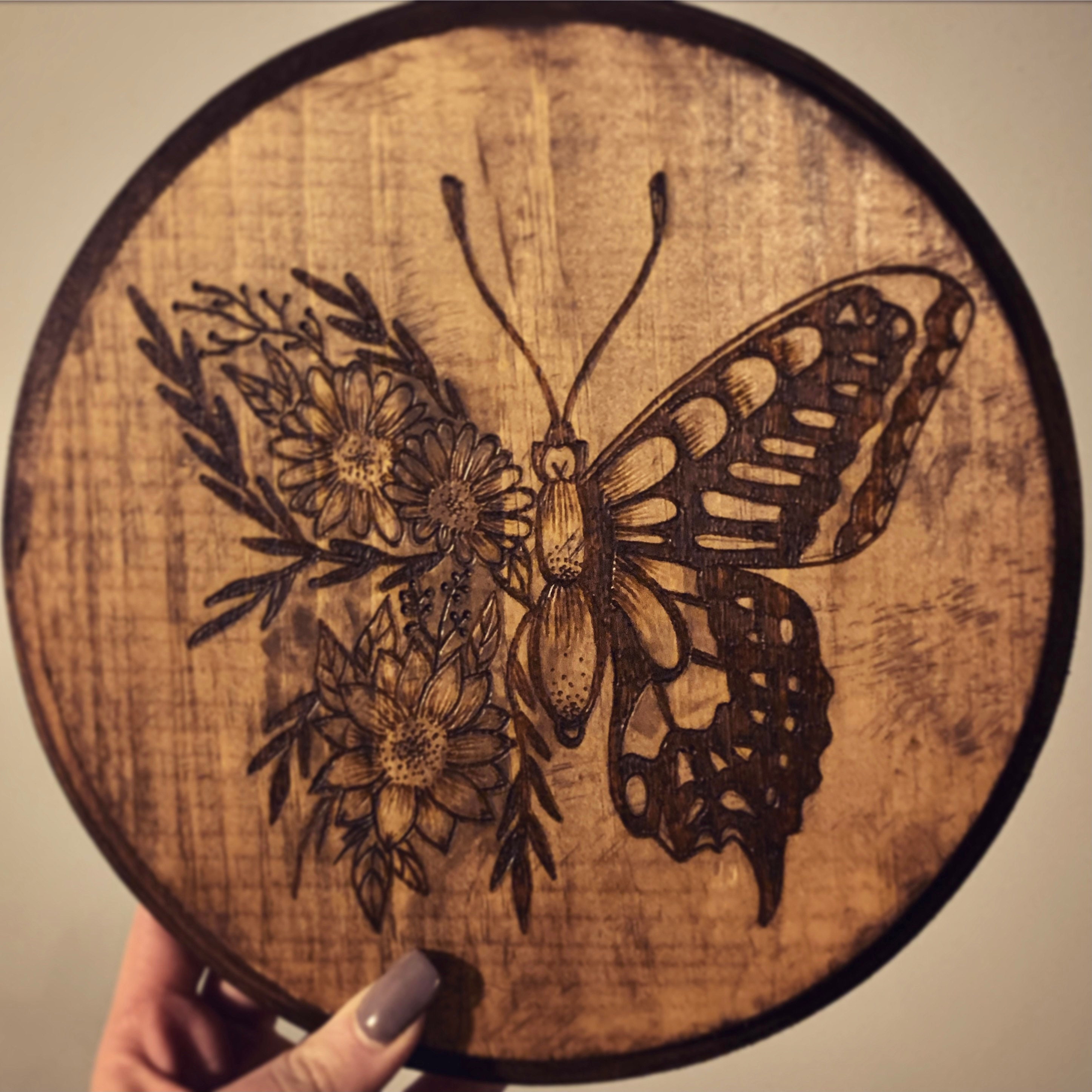 Flower butterfly wood burned round pyrography wall hanging | Etsy