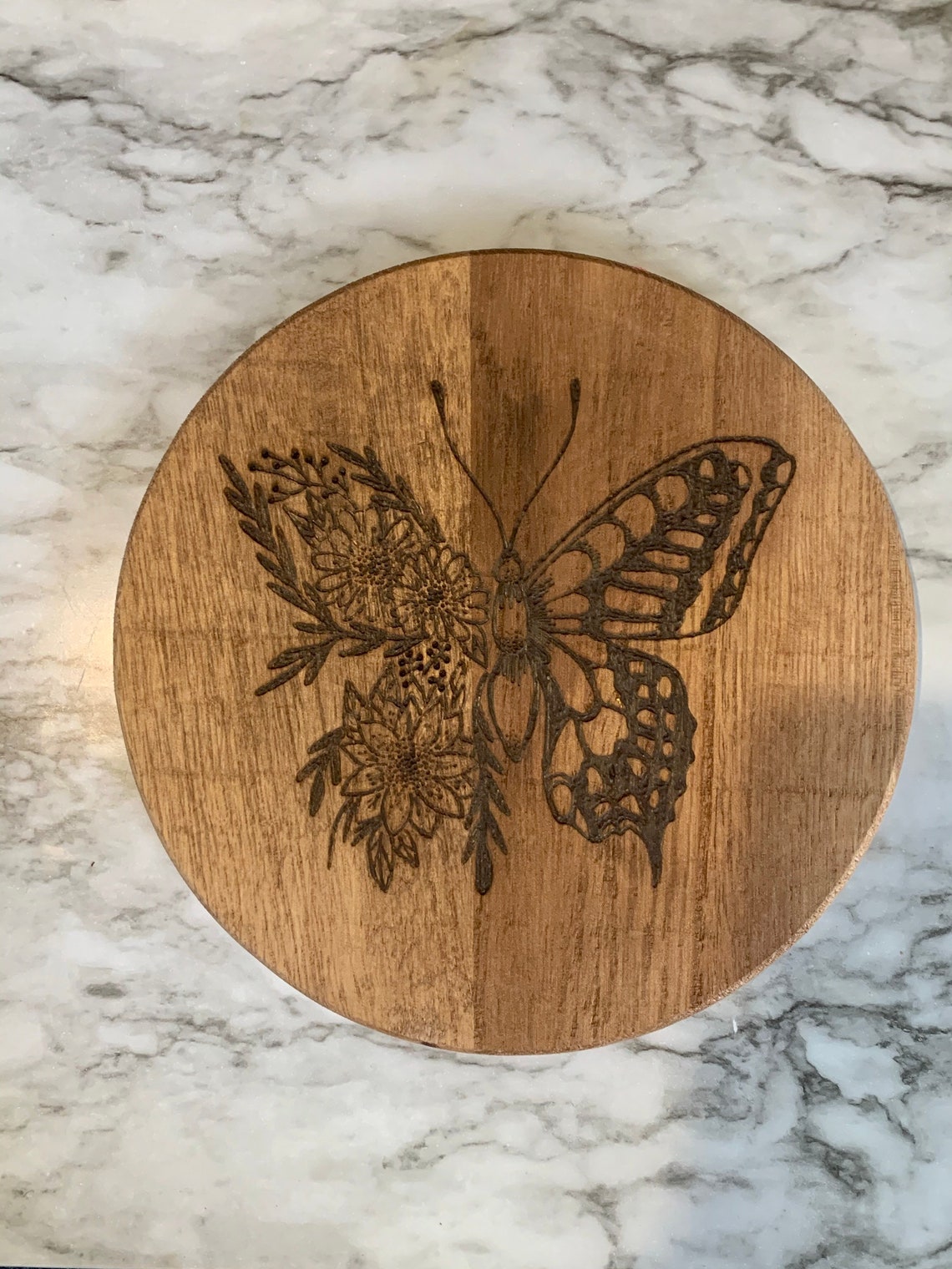 Flower butterfly wood burned round pyrography wall hanging | Etsy
