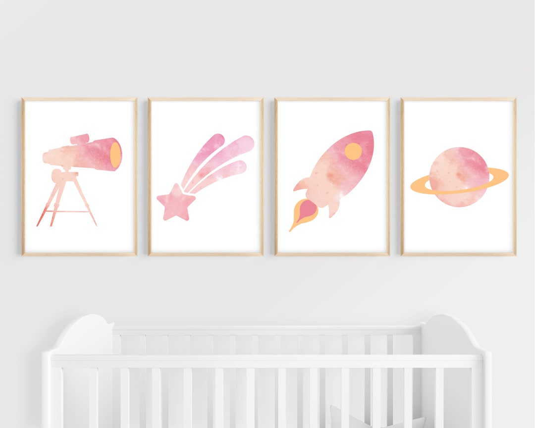 Pink Outer Space Nursery, Pink Girls Room Print, Outer Space Themed ...