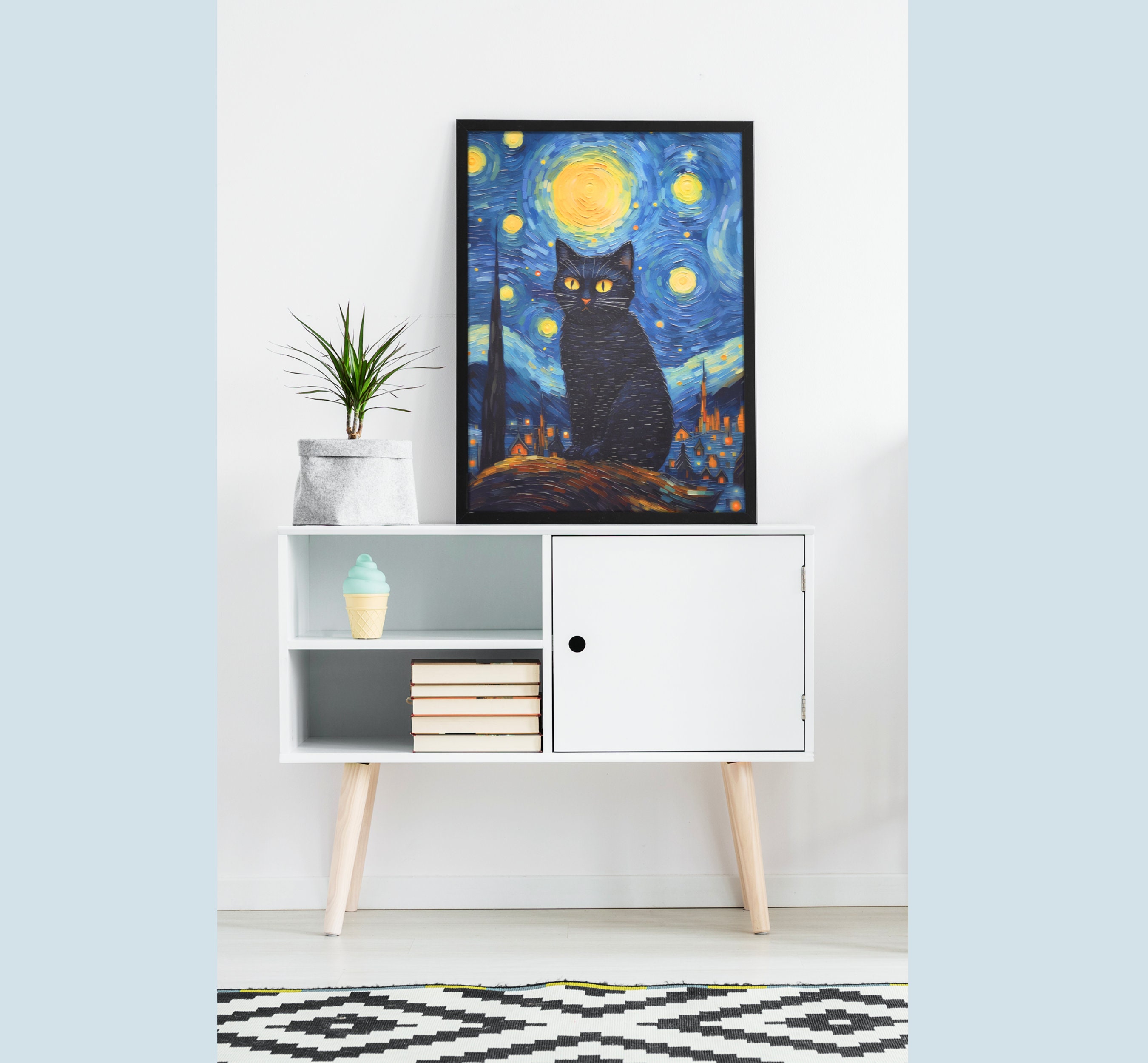 Starry Night Black Cat Art Print Vincent Van Gogh Inspired Wall Decor ...
