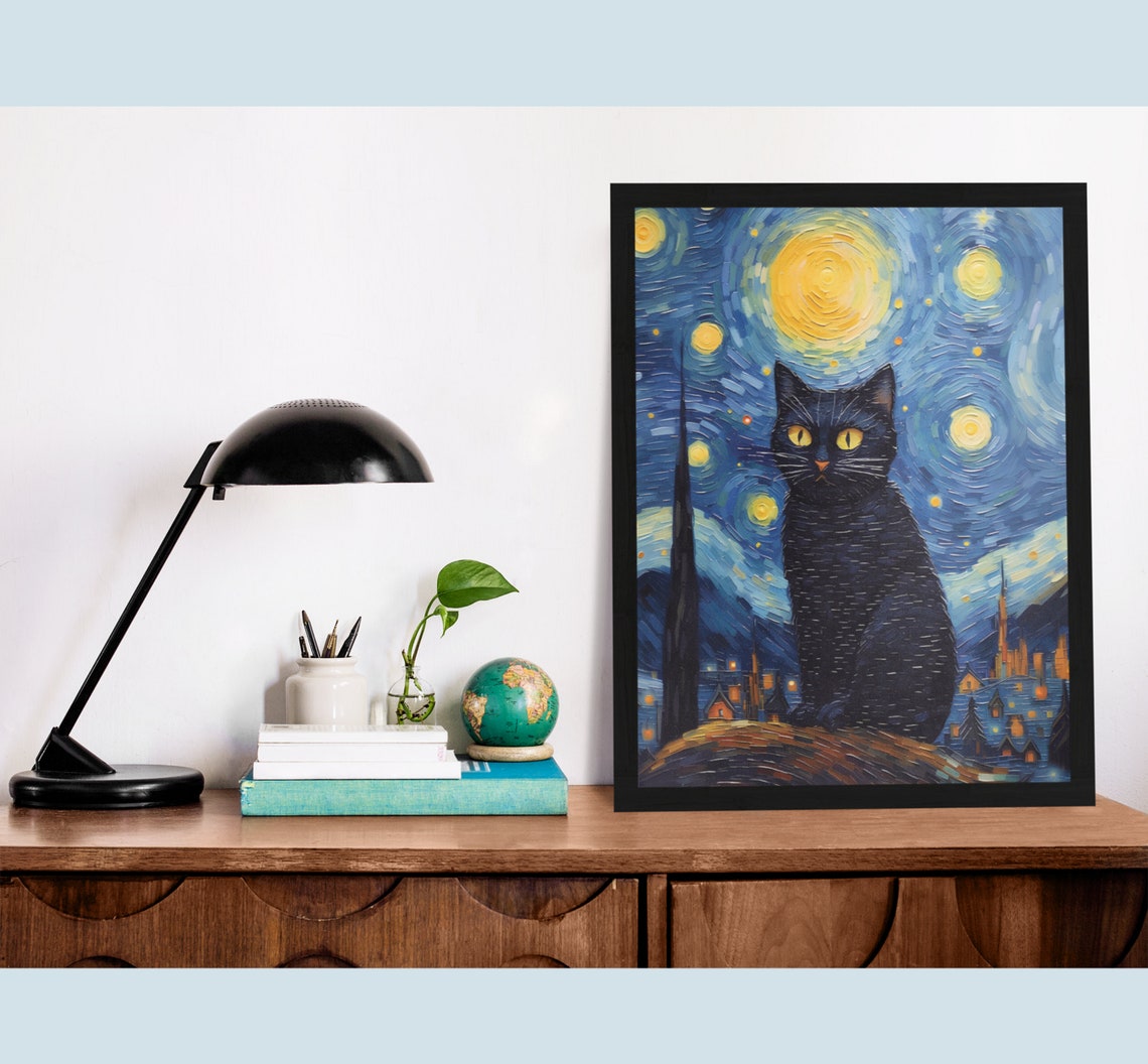 Starry Night Black Cat Art Print Vincent Van Gogh Inspired Wall Decor ...