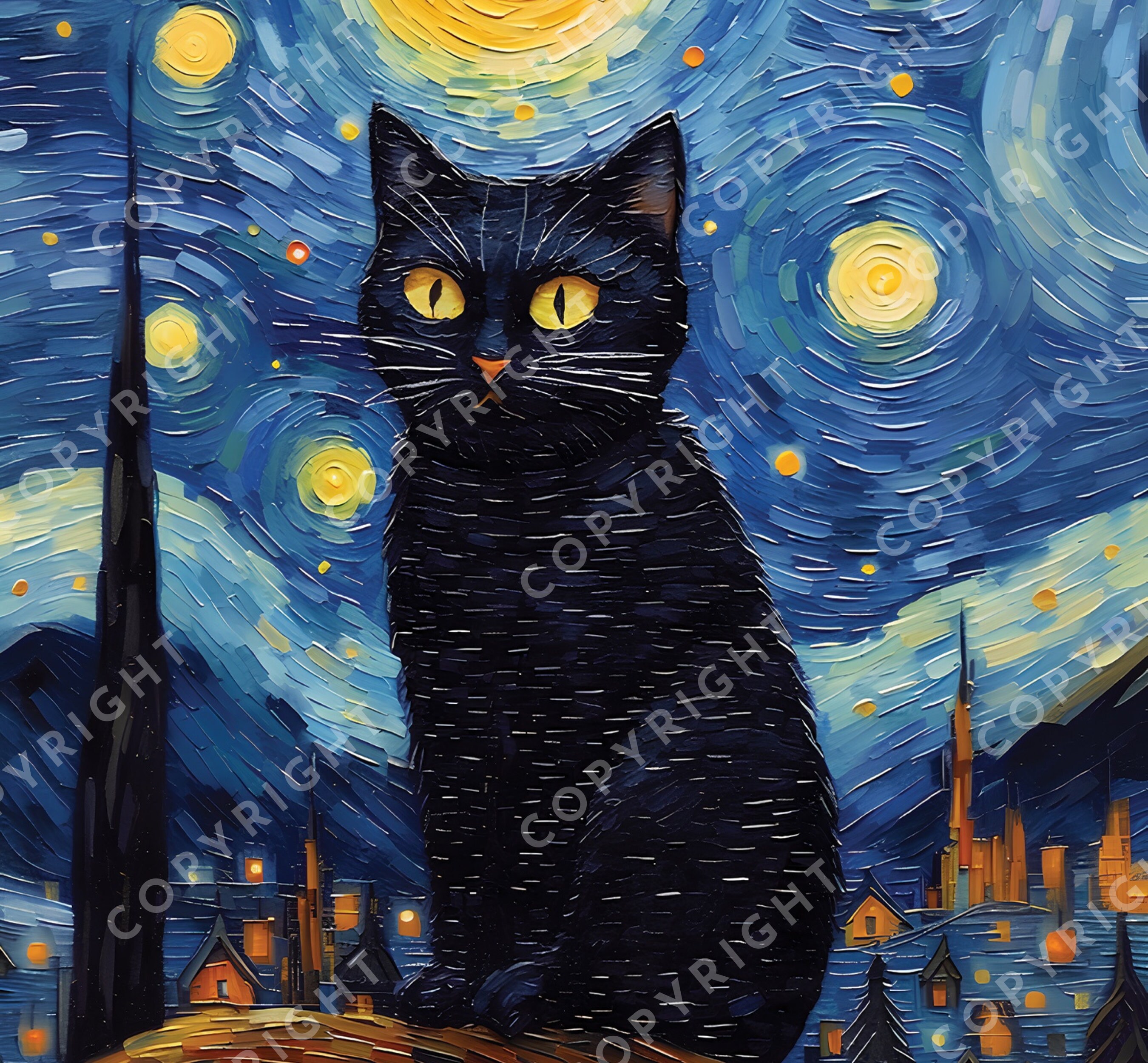 Starry Night Black Cat Art Print Vincent Van Gogh Inspired Wall Decor ...