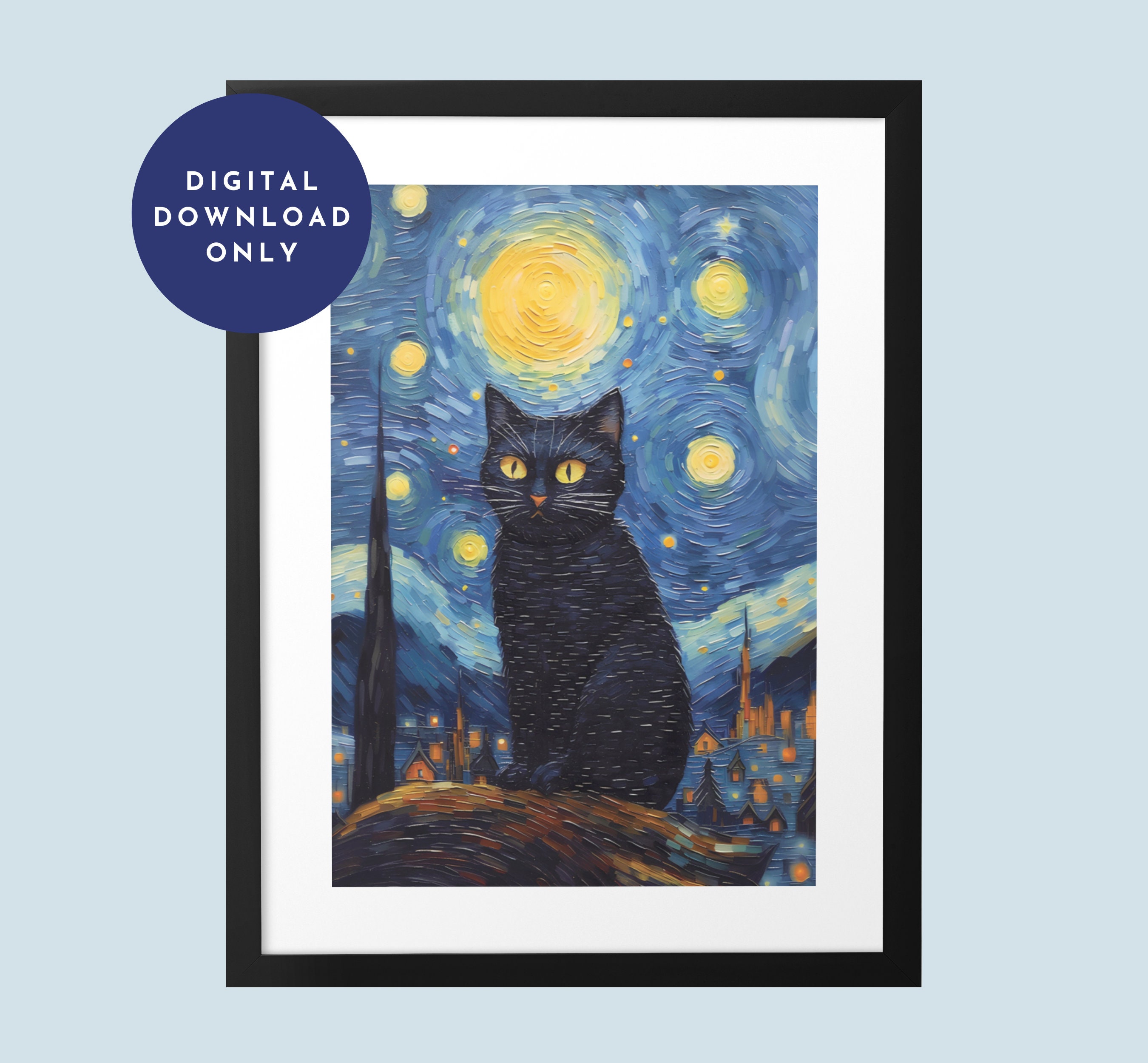 Starry Night Black Cat Art Print Vincent Van Gogh Inspired Wall Decor ...