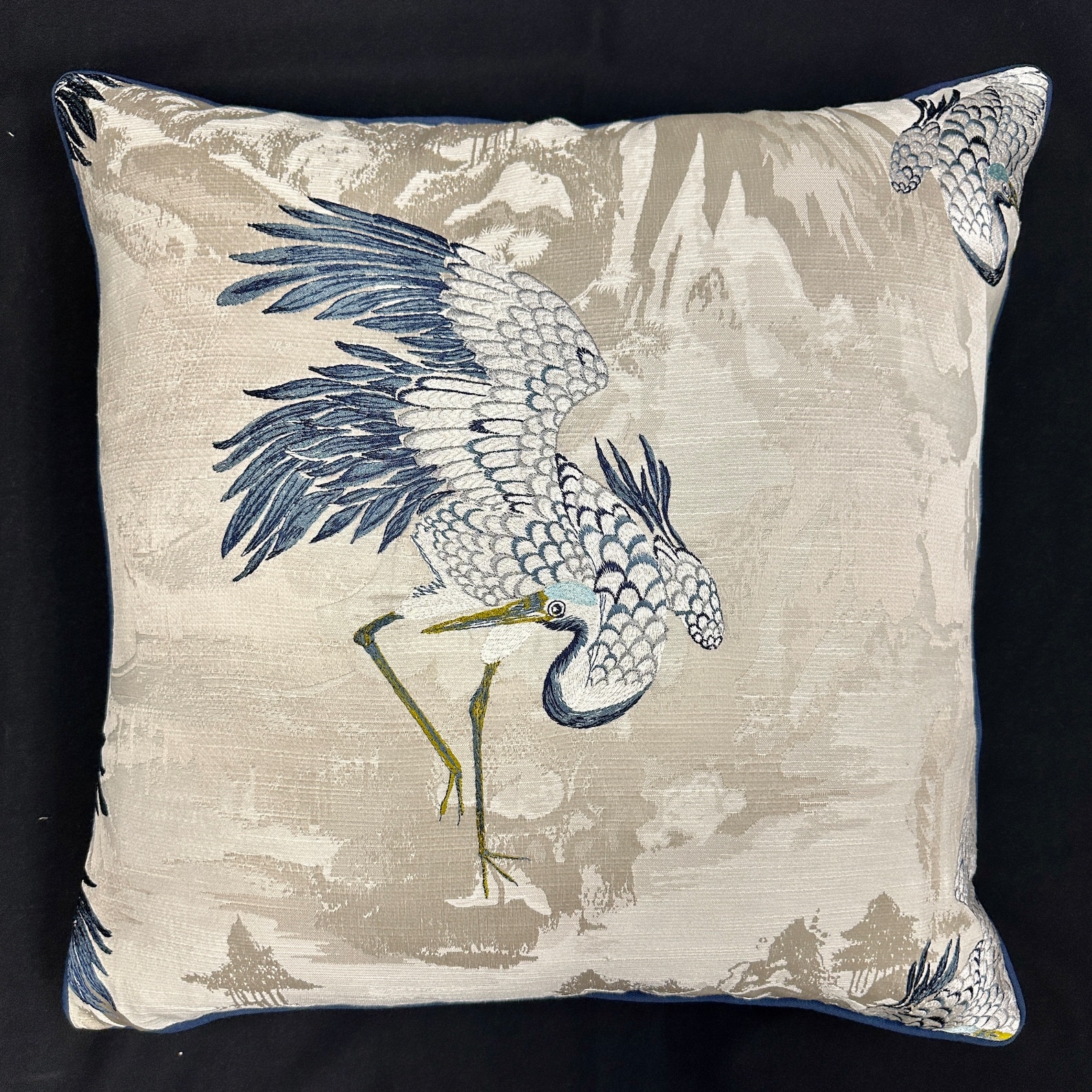 Osprey Pillow Cover-embroidered Bird Pillow-egret Pillow-beige and Blue ...