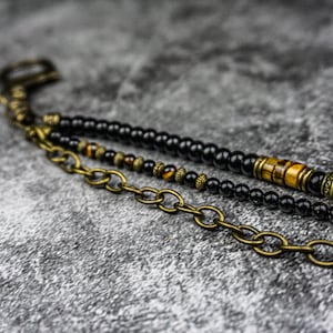 Beaded Gemstone Mens Pants Keychain- Black Onyx Tiger Eye Bead Layered ...