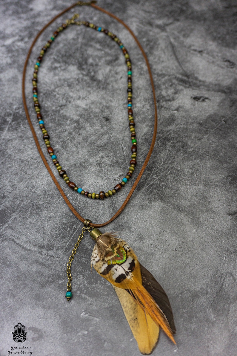 Mens Boho Layering Feather Pendant Necklace Set- Wood and Jade Gemstone ...