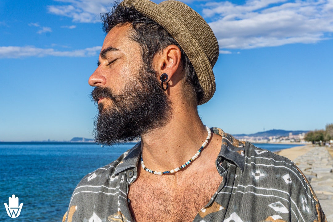 White Seashell Disc Beads Choker Necklace for Men- Mens Summer Ocean ...