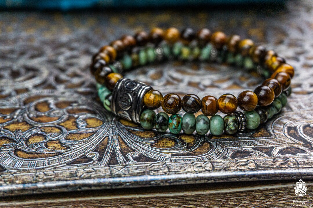 Healing Chakra Gemstone Bead Bracelet for Men- Jasper Turquoise Tiger ...