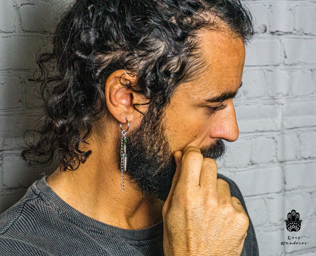 Long Chain Spike Hoop Earring for Men- Mens Edgy Beaded Dangle Earring ...