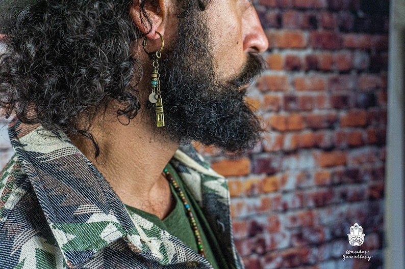 Mens Modern Pirate Chain Dangle Earring- Tribal Antique Bronze Charm ...
