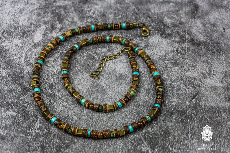 Boho Ethnic Everyday Necklace for Men- Mens Wooden Bead and Gemstone ...