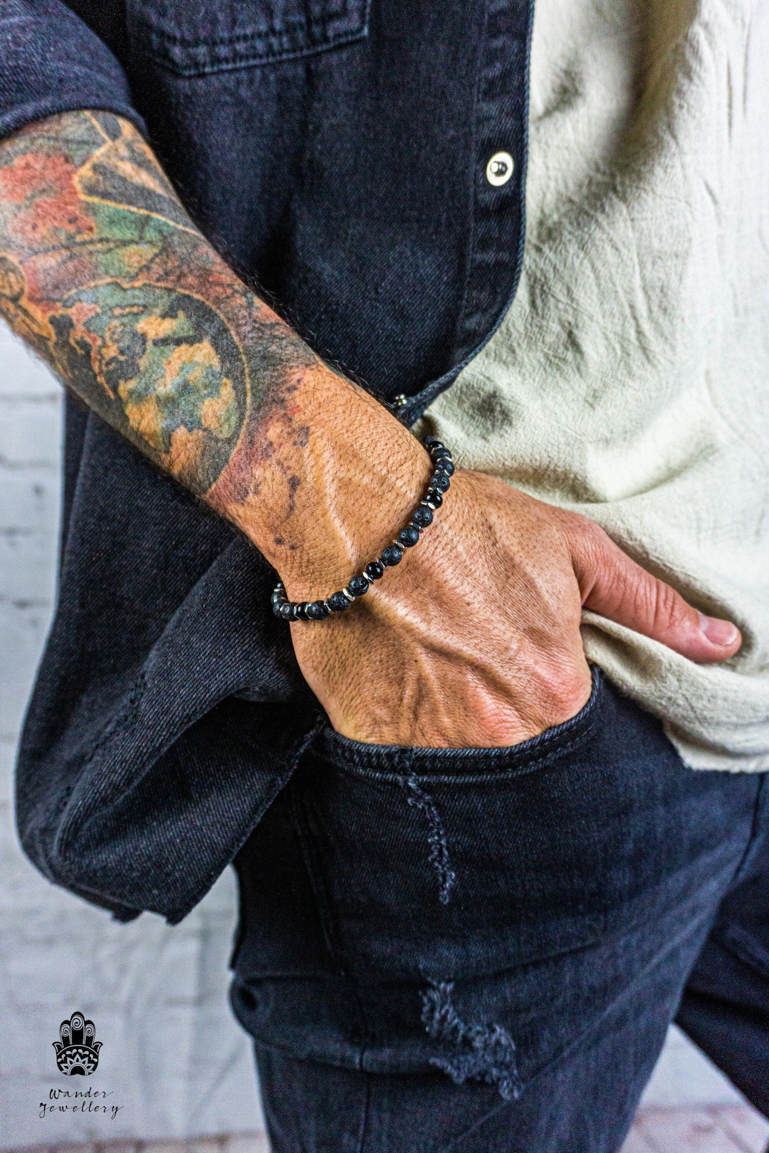 Mens Lava Stone Beaded Bracelet- Protection Gemstone Bead Necklace for ...