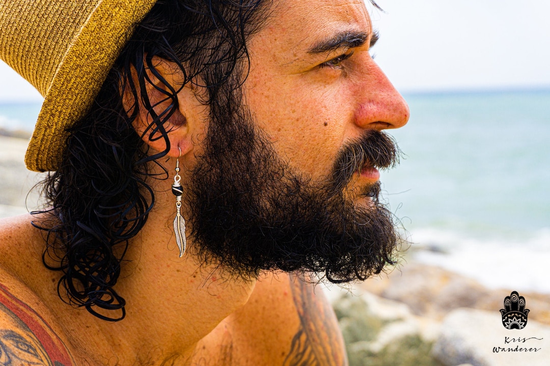 Mens Feather Earring With Natural Stone - Dangle Earring for Men - Jade ...