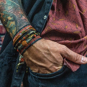Mens Gypsy Gemstone Bead Stacking Bracelet Set-black Onyx Wood Beaded Leather Wrap Boho Bracelet ...