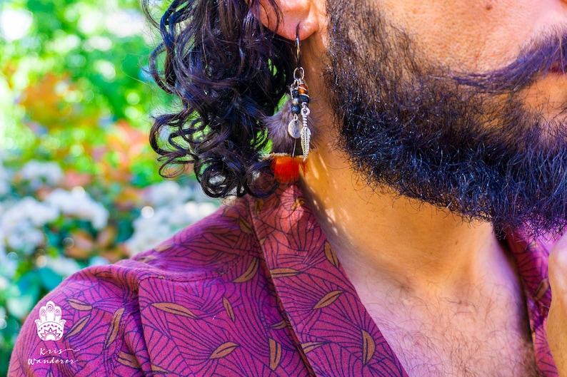 Gunmetal Hoop Dangle Feather Earring for Men- Mens Boho Colorful ...