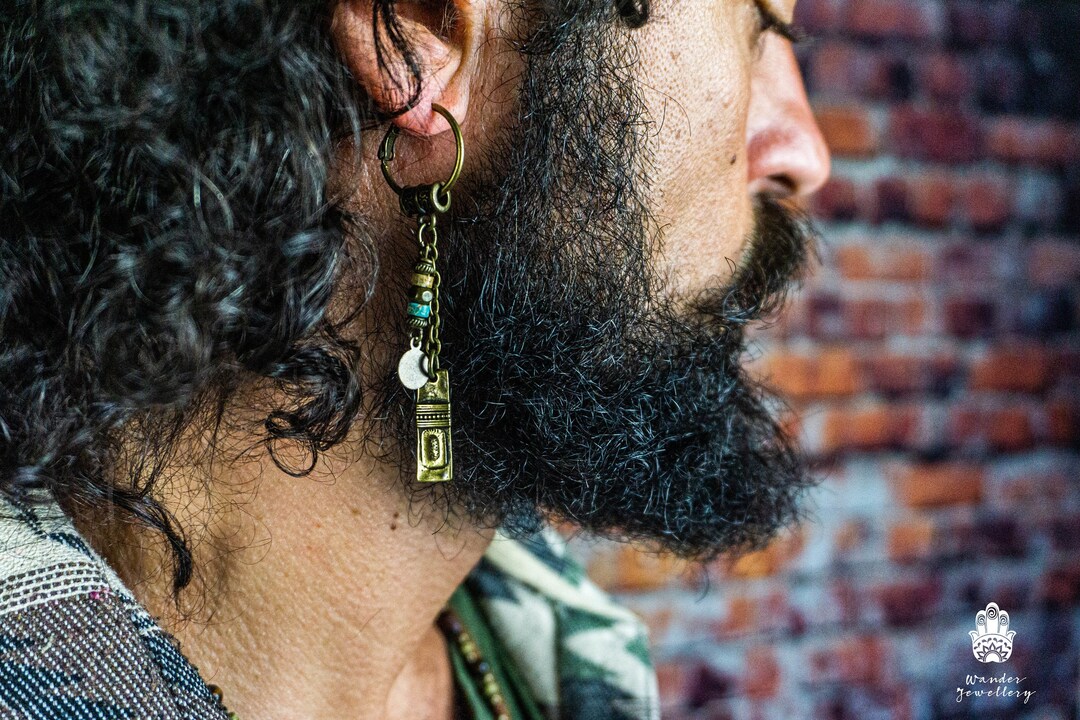 Mens Modern Pirate Chain Dangle Earring- Tribal Antique Bronze Charm ...