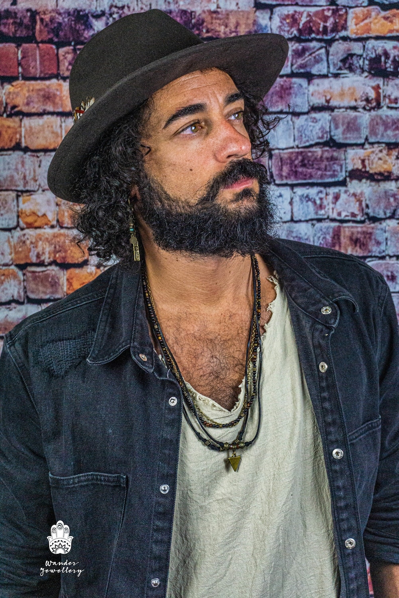 Mens Boho Black Onyx Layered Necklace Set- Leather Gemstone Bead Chain ...
