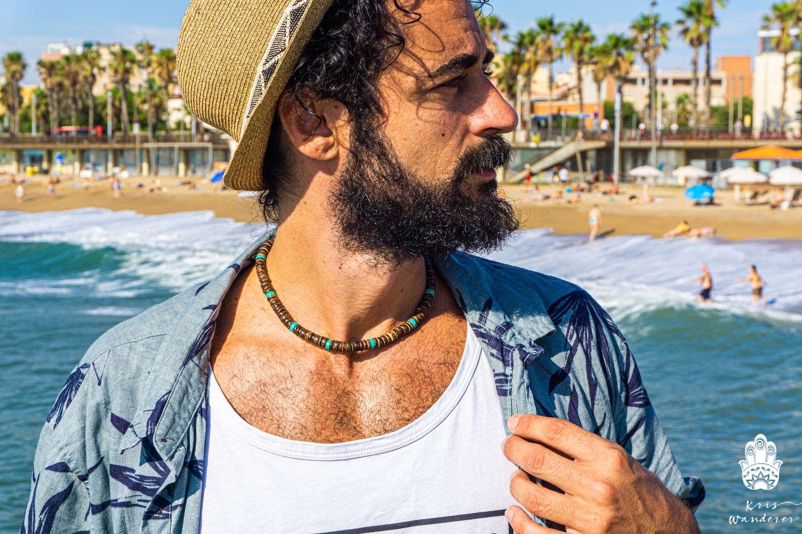 Surfer Mens Choker Necklace Coconut Shell and Turquoise Boho - Etsy