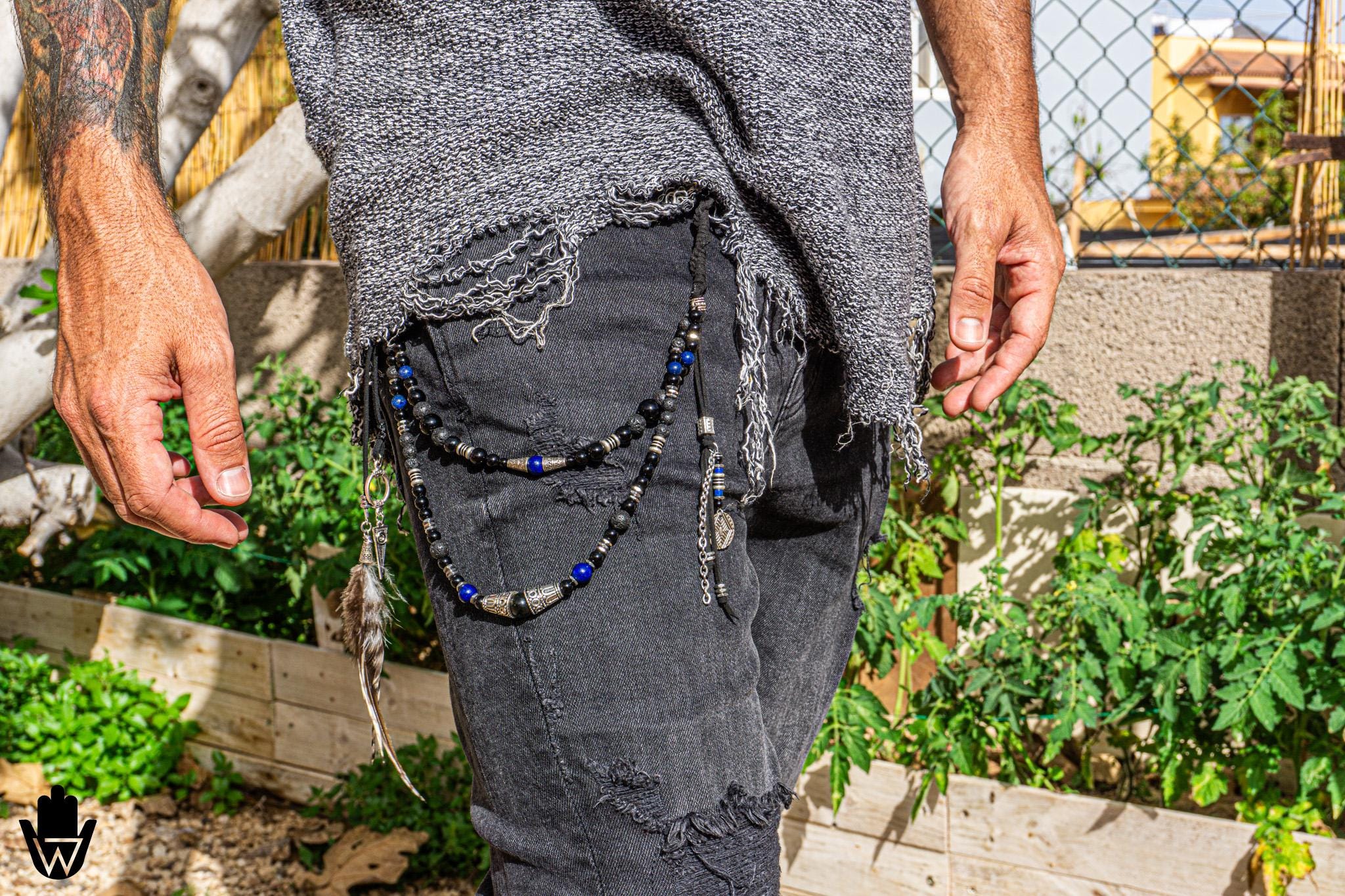 Layered Charm Pants Chain for Men- Black Onyx Gemstone Pants Keychain ...