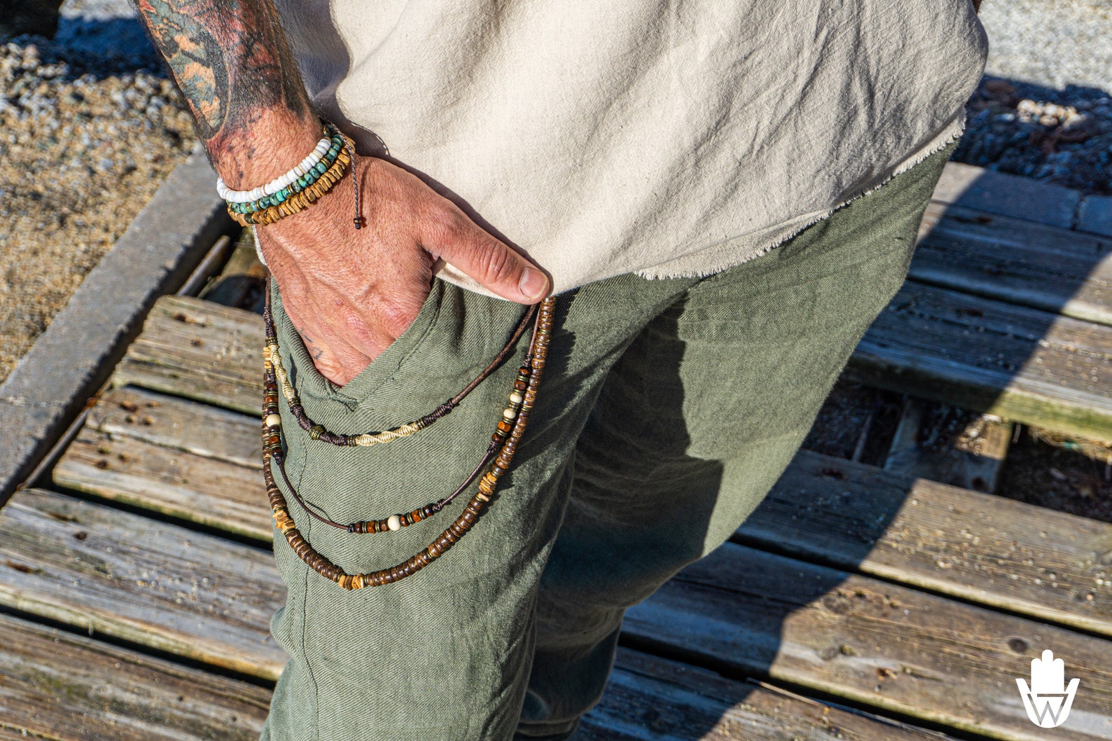 Wooden Bead Layered Chain for Pants- Leather Beaded Pants Chain for Men ...