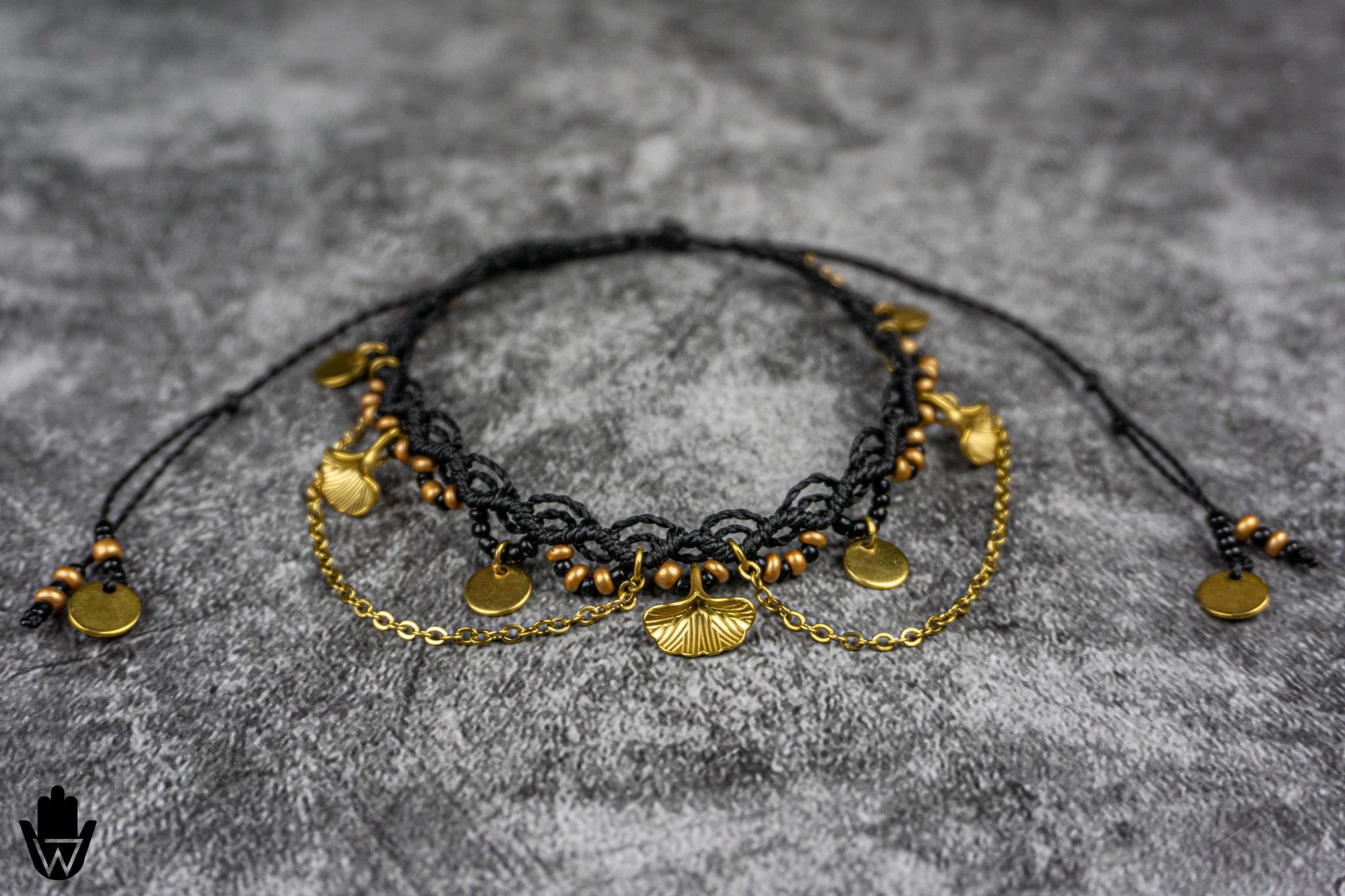 Black and Gold Boho Chic Arm Bracelet for Women- Woven Macrame Charm ...