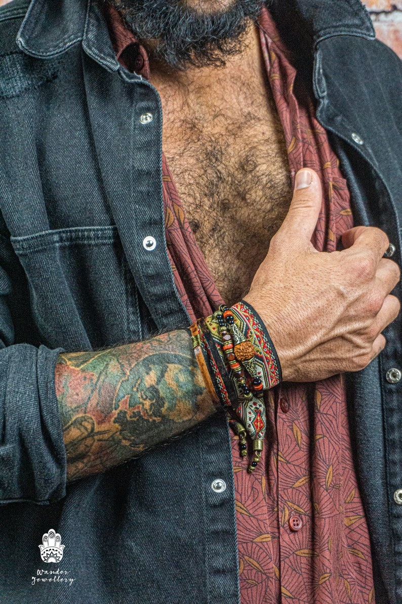 Mens Gypsy Gemstone Bead Stacking Bracelet Set-black Onyx Wood Beaded ...