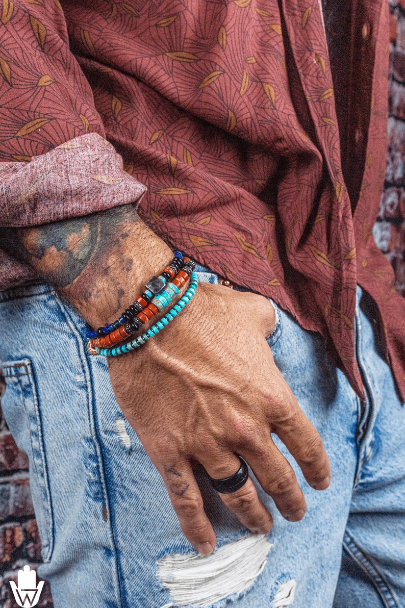 Mens Boho Vintage Gemstone Stacking Layering Bracelet Set- Waterproof ...