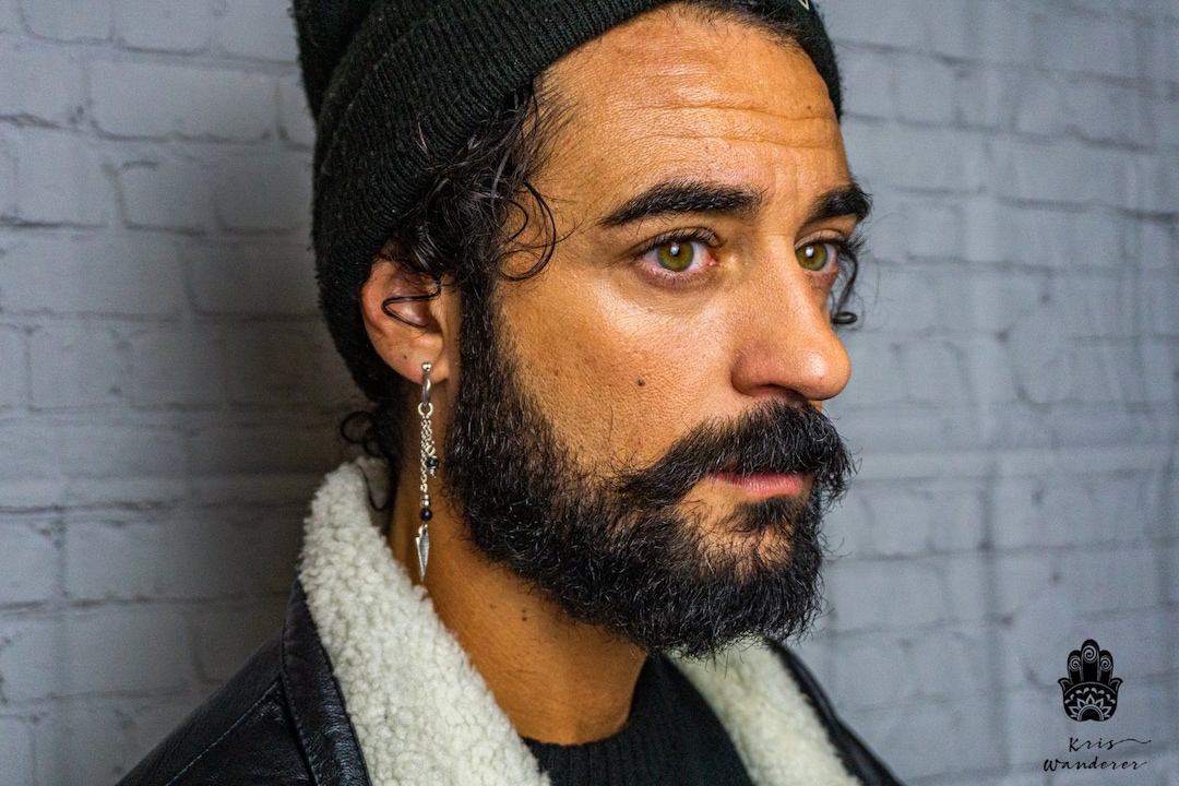 Mens Double Chain Long Dangle Beaded Earring- Triangle Charm and Lava ...