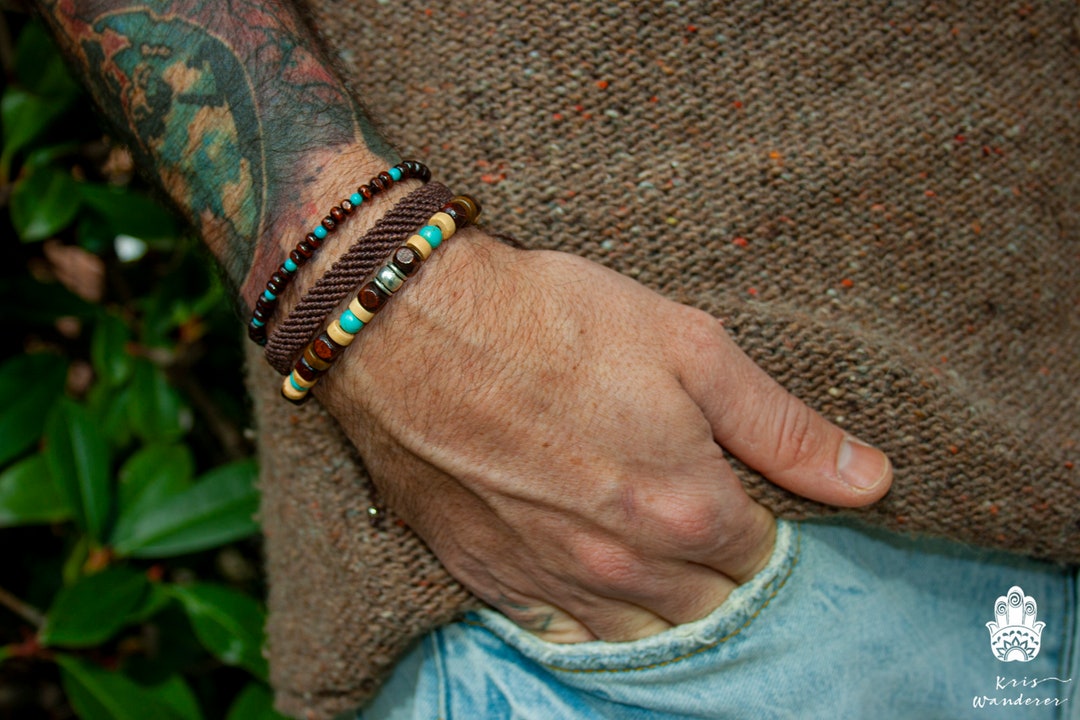 Surfer Bracelet Set of 3 - Mens Boho Bracelet Set - Wooden Elastic ...