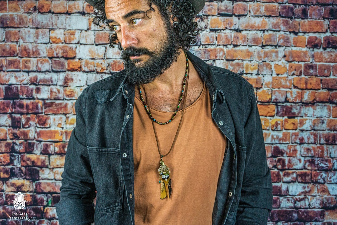 Mens Boho Layering Feather Pendant Necklace Set- Wood and Jade Gemstone ...
