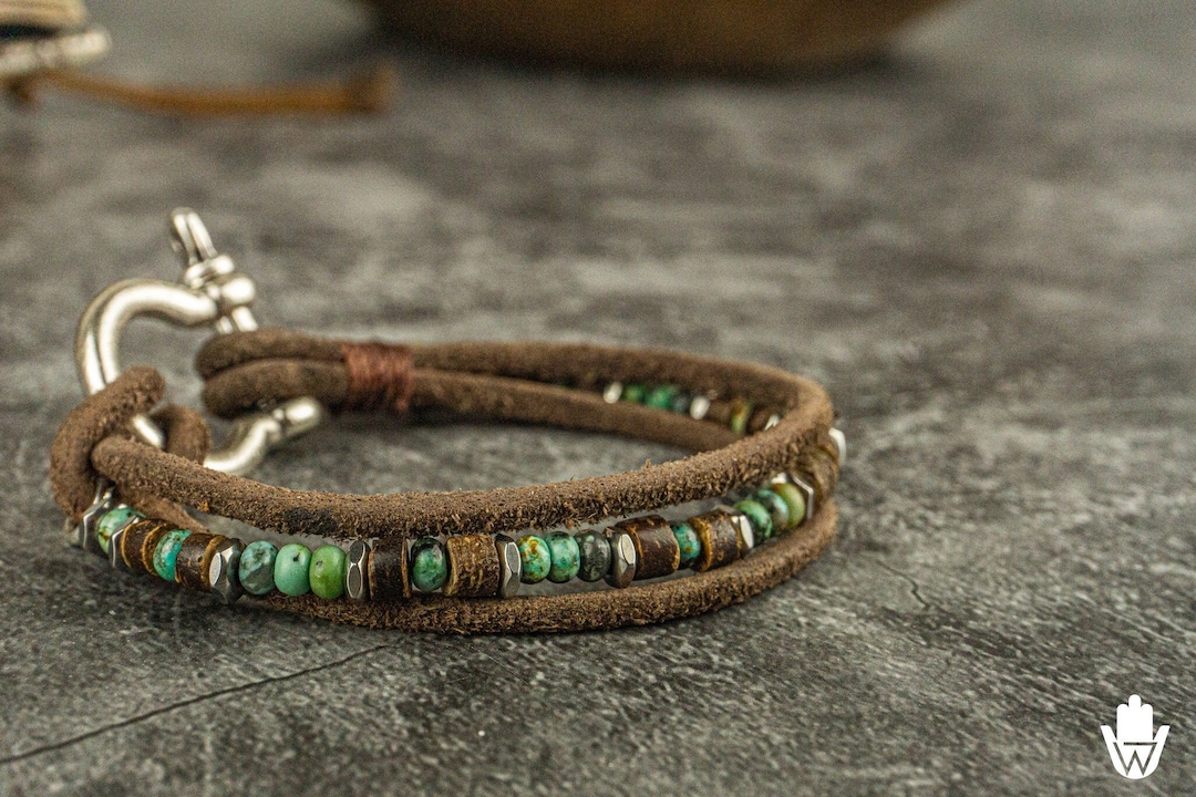 Mens Gemstone Bead and Leather Bracelet Set- Leather Beaded Stacking ...