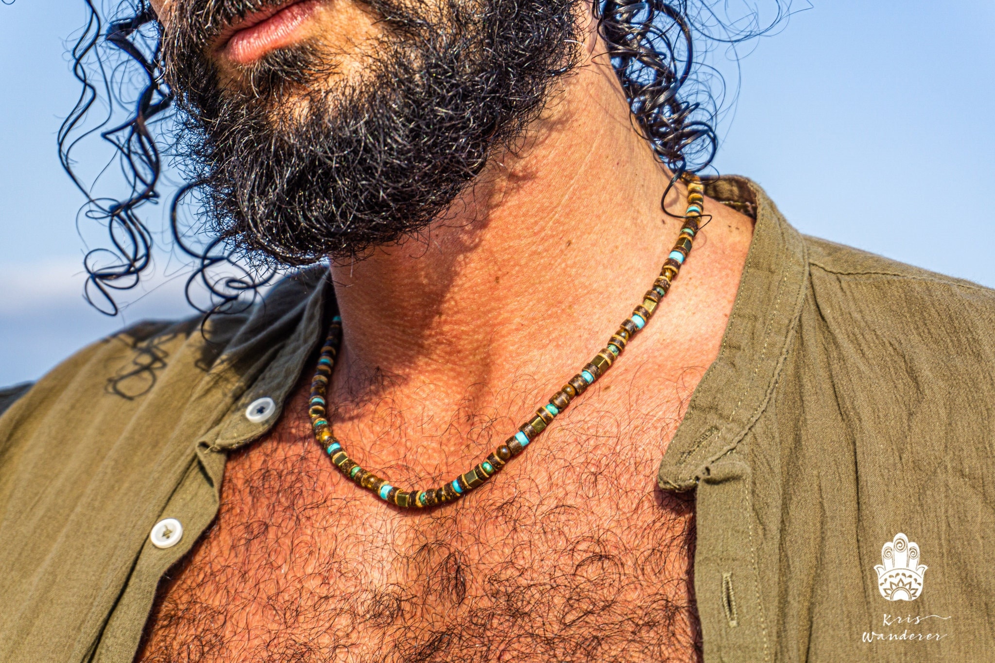 Boho Ethnic Everyday Necklace for Men- Mens Wooden Bead and Gemstone ...
