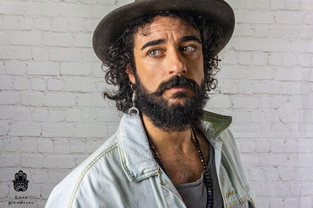 Crescent Silver Moon Dangle Earring for Men- Mens Statement Gemstone ...