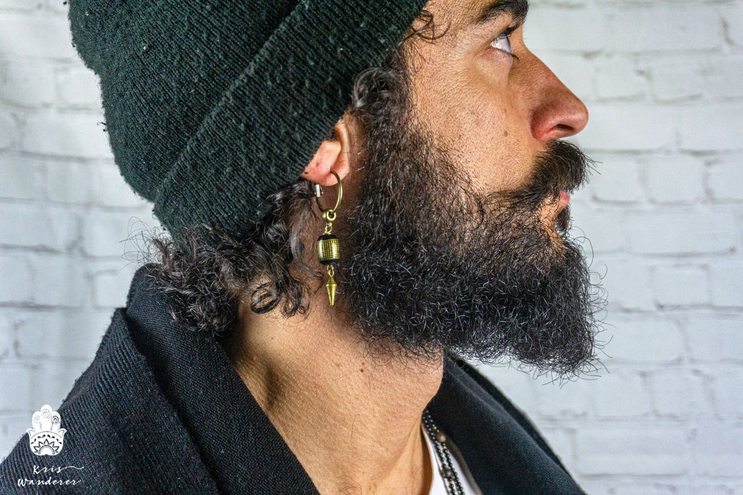 Buddhist Heart Sutra Gemstone Earring for Men- Mens Black Gold Agate ...