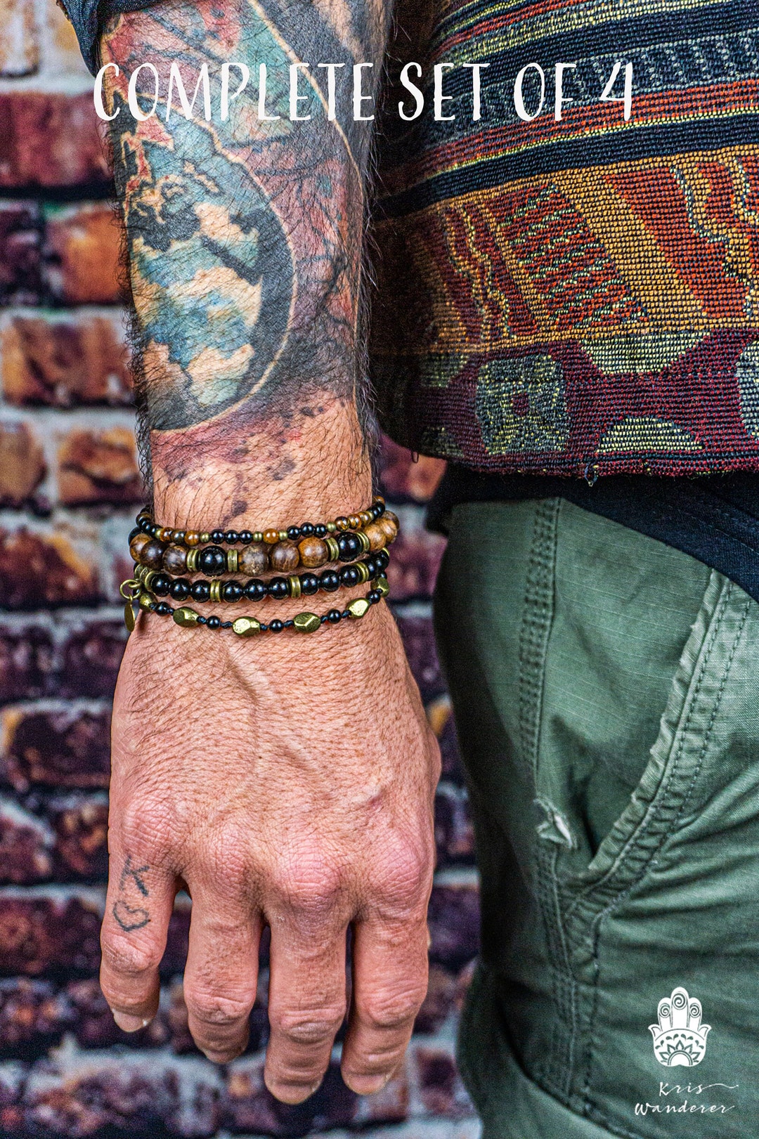 Black Onyx Tiger Eye Inner Strength Beaded Bracelet Set for Men Mens ...