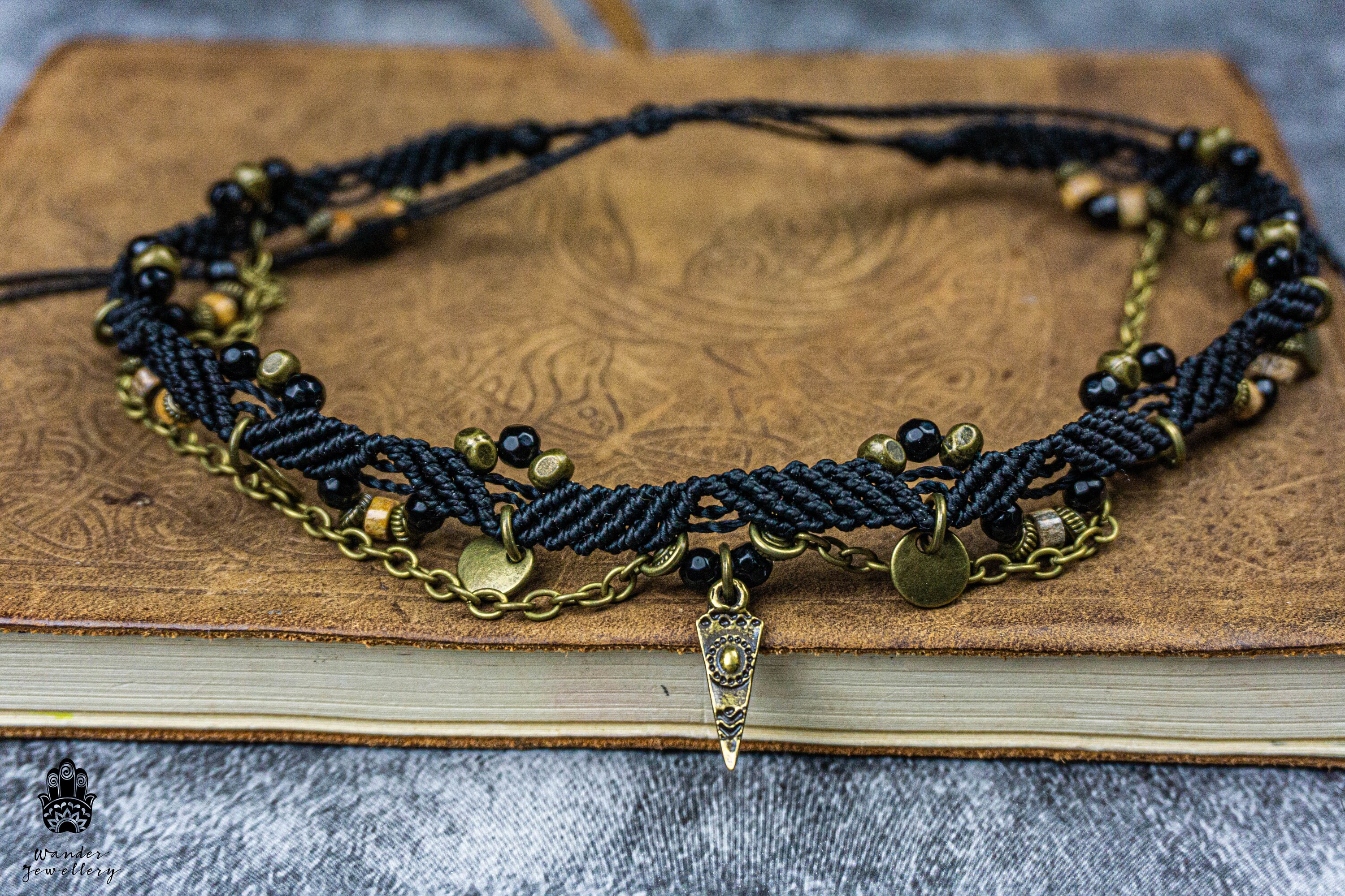 Hand Woven Boho Goth Macrame Choker- Adjustable Black Macrame Choker ...